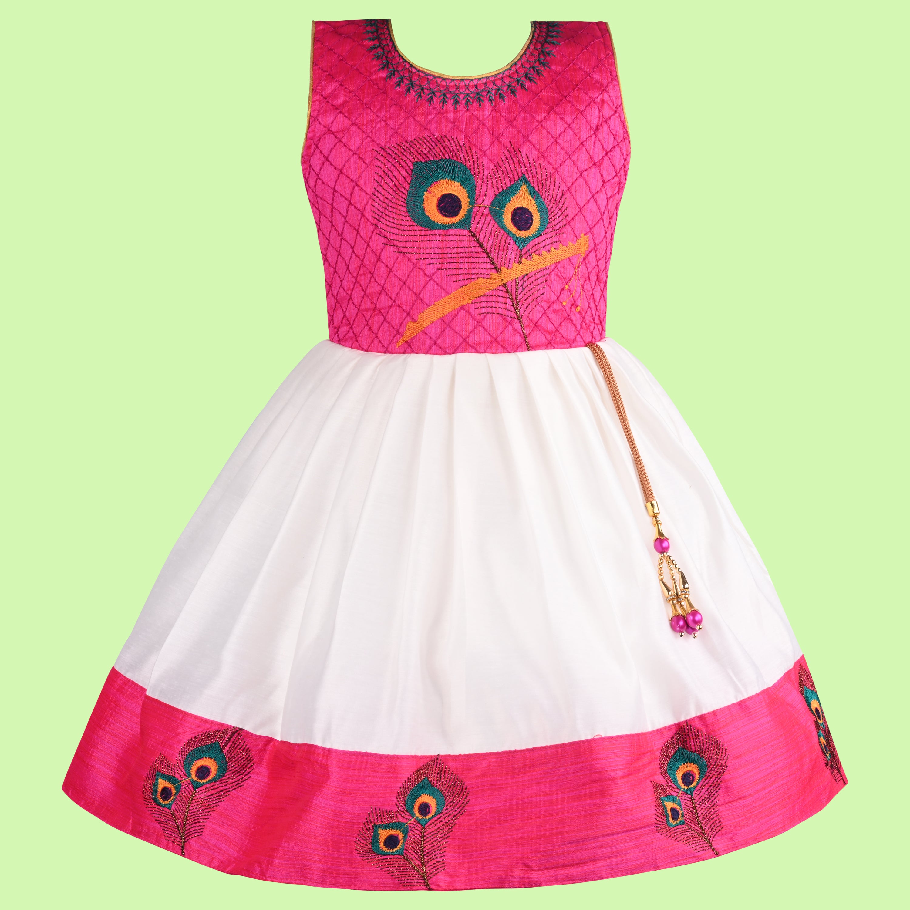 Girls Peacock Embroidered Pleated Frock Dress for Onam – Wish Karo